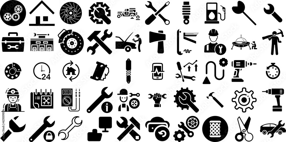 Mega Collection Of Repair Icons Bundle Hand-Drawn Solid Vector Symbols ...