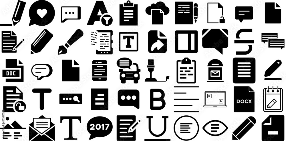 Huge Set Of Text Icons Pack Black Cartoon Glyphs Generate, Icon, Border ...