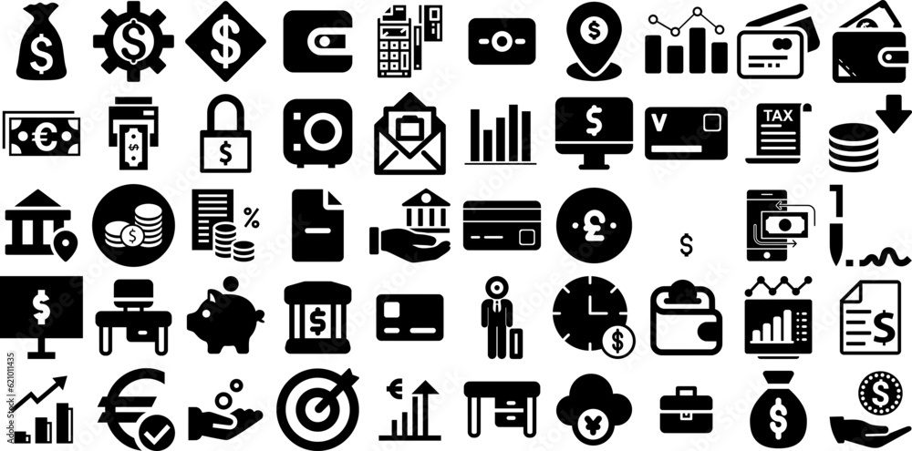 Big Set Of Finance Icons Collection Hand-Drawn Black Drawing Pictograms ...