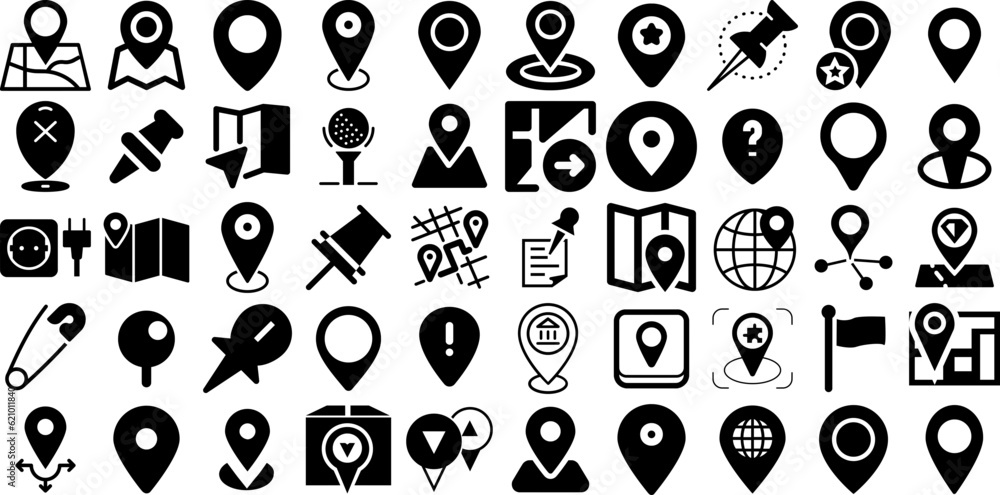 Huge Set Of Pin Icons Bundle Hand-Drawn Solid Design Pictograms Symbol ...