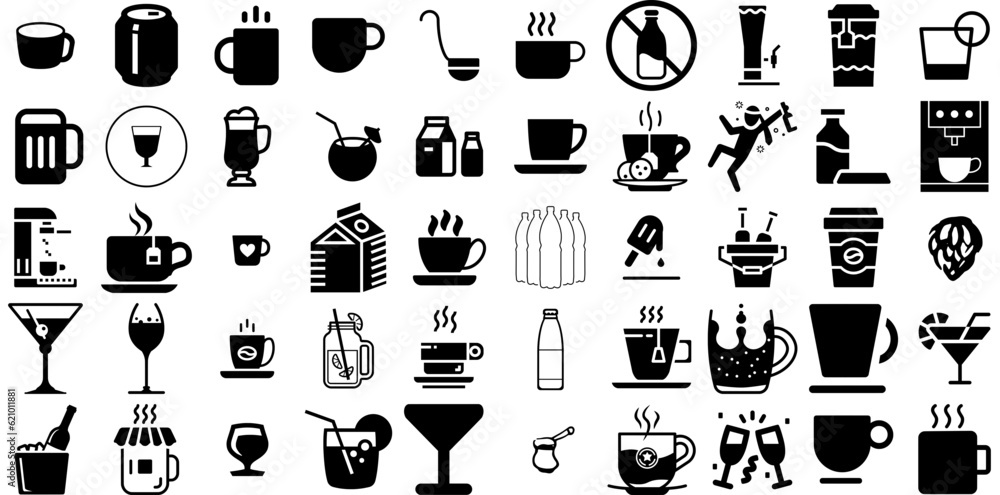 Huge Set Of Drink Icons Collection Isolated Vector Glyphs Milk, Set ...