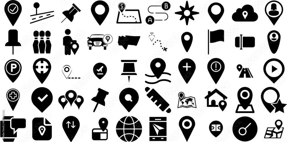 Huge Set Of Pin Icons Pack Hand-Drawn Isolated Vector Signs Pointer ...