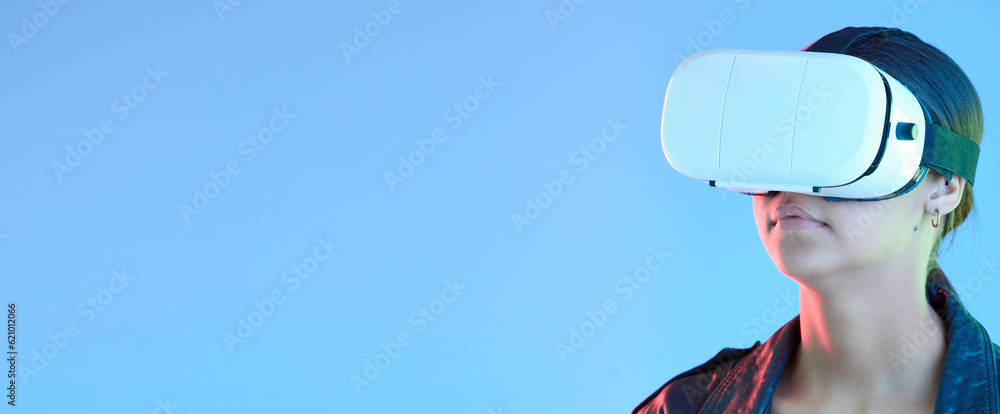 VR, glasses and woman vision on studio, blue background for cyber ...