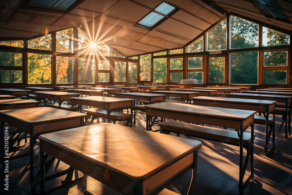 Empty classroom with sunlight streaming through the windows, casting a ...