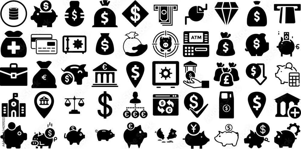 Vetor de Huge Collection Of Bank Icons Collection Solid Drawing Symbol ...