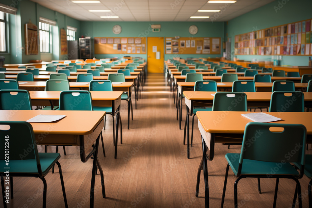 Wide shot of an empty classroom with chairs stacked on desks ...