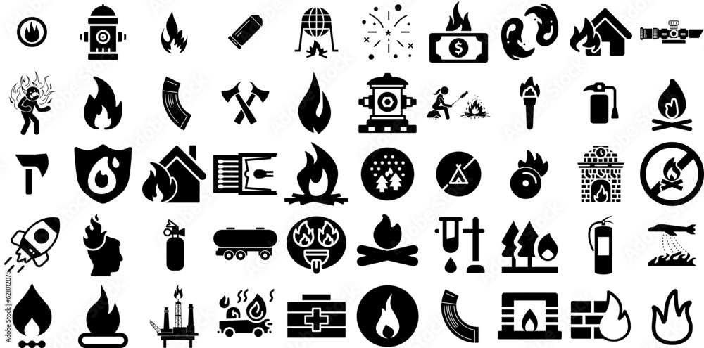 Massive Set Of Fire Icons Pack Hand-Drawn Solid Vector Glyphs Fire ...