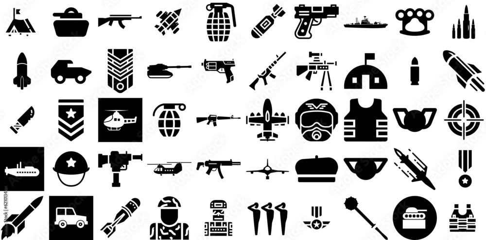 Huge Set Of Military Icons Collection Hand-Drawn Solid Design Pictogram ...