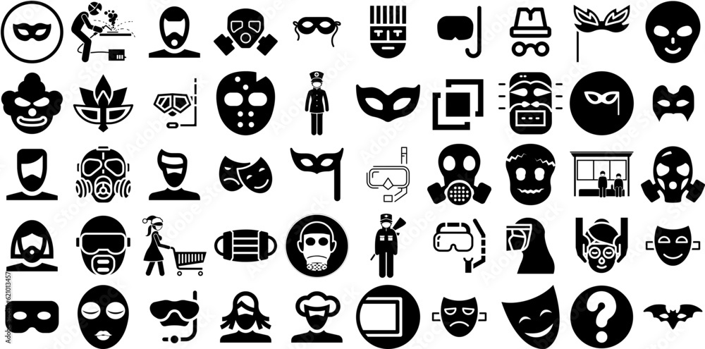 Massive Set Of Mask Icons Collection Black Vector Signs Symbol, Aid ...
