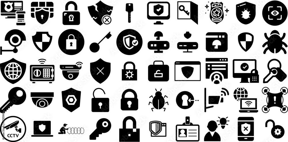 Big Set Of Security Icons Collection Hand-Drawn Black Infographic ...