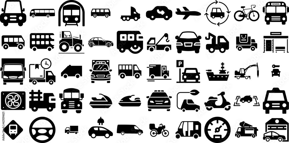 Vetor de Massive Set Of Vehicle Icons Collection Solid Cartoon ...