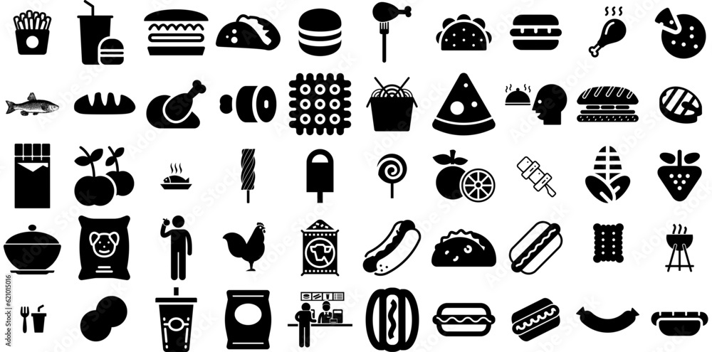 Mega Set Of Food Icons Pack Hand-Drawn Linear Design Silhouettes Cooked ...