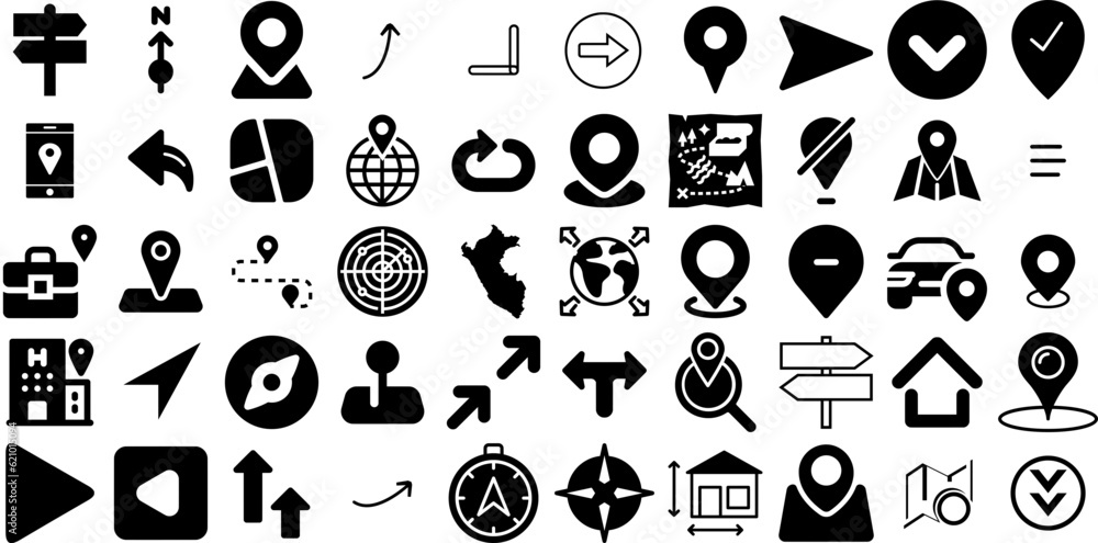 Huge Set Of Navigation Icons Collection Solid Vector Pictograms Icon ...