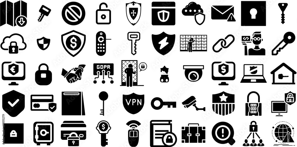 Big Collection Of Security Icons Pack Hand-Drawn Black Modern Pictogram ...