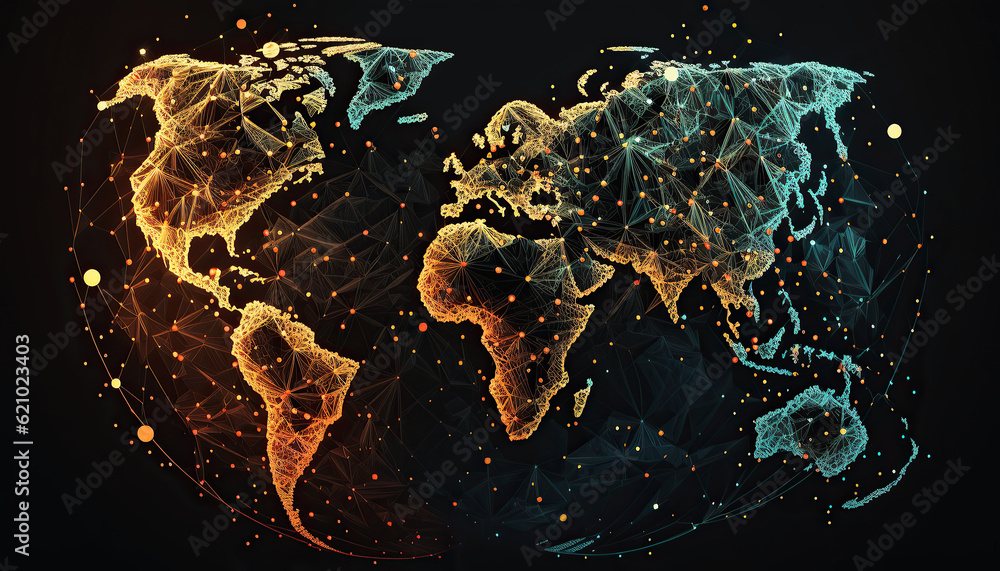ai generated illustration World map with nodes linked by lines. Stock ...