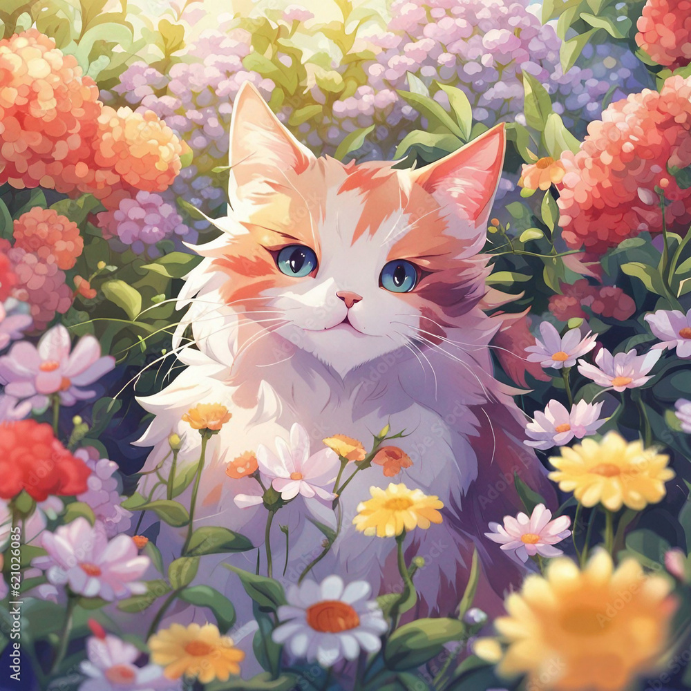 Generative AI cute cat, cute little cats, cute kitten sitting in flower ...