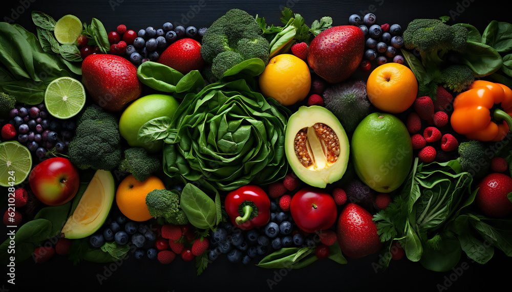 Still life of fruits and vegetables and fruits seen from above ...