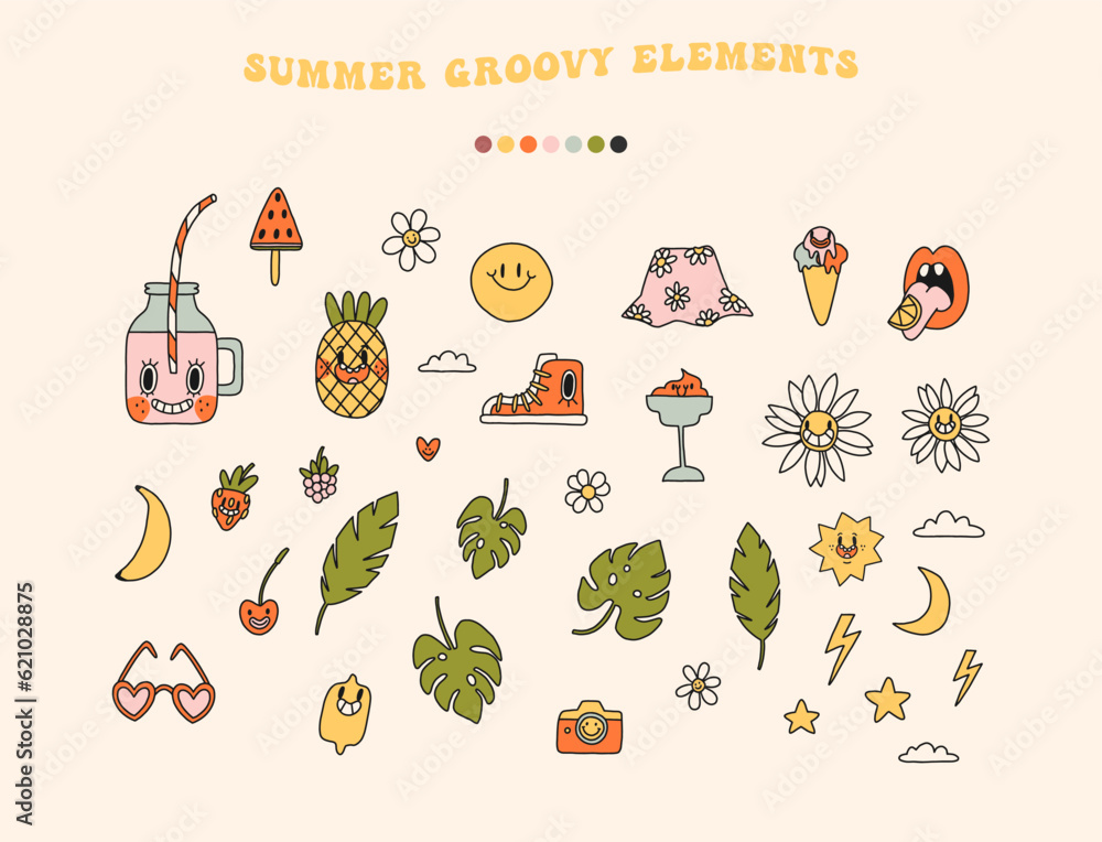 Groovy bold y2k retro summer and spring season party elements set ...