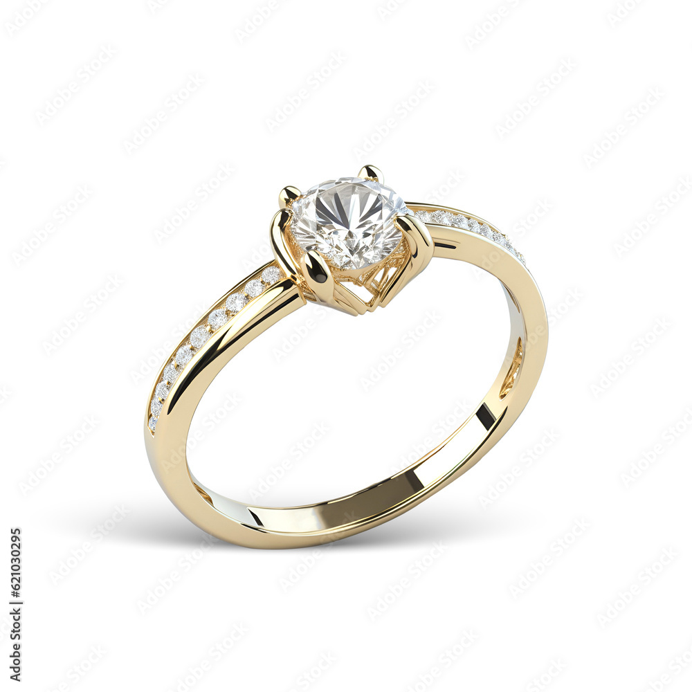 Blank gold ring with diamond mockup stand, half-turned view, 3d ...