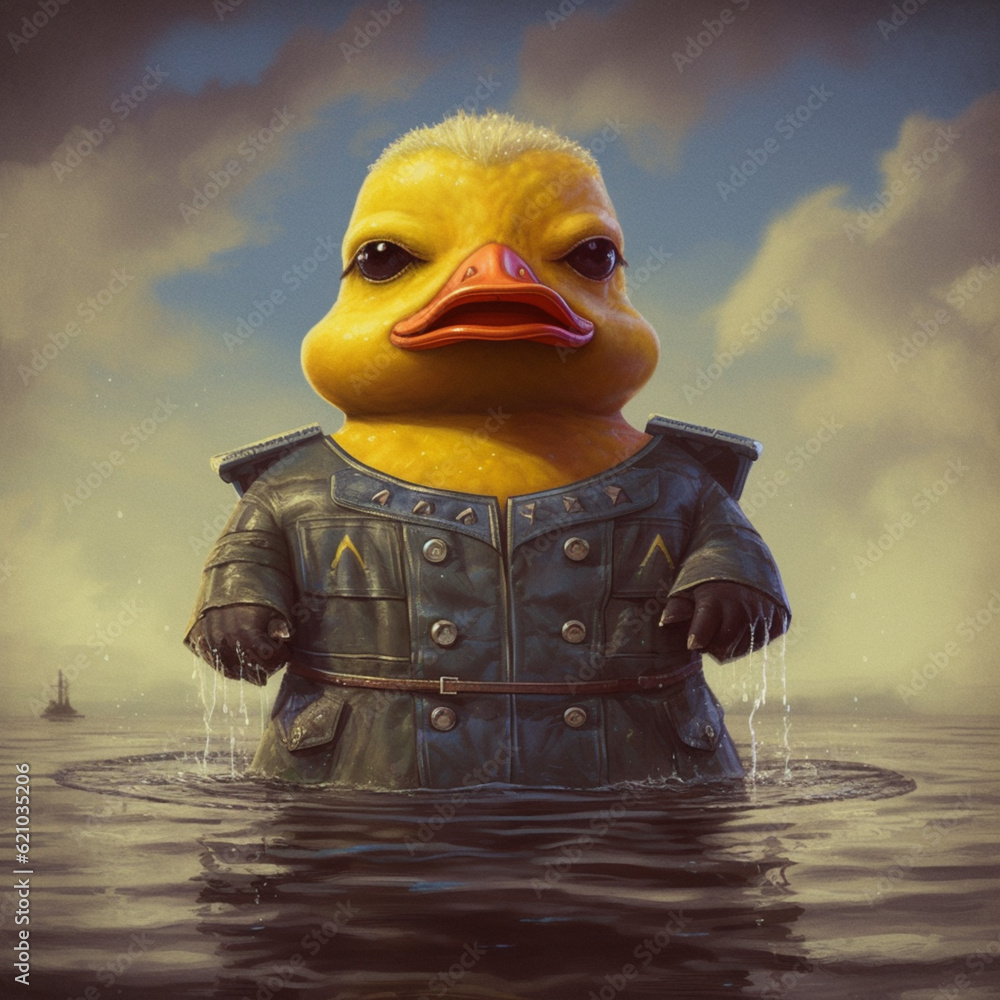 image of a duck with an evil face, inside a lake, detailed image ...
