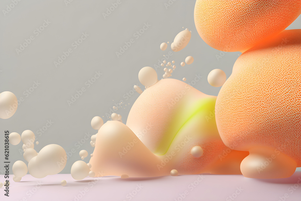 Pastel peach blobs, soaps bubbles, bubbles that float in the air ...