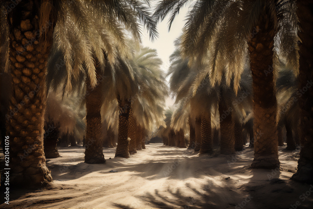 AI generative image of oasis in the desert with lushing tall palm trees ...