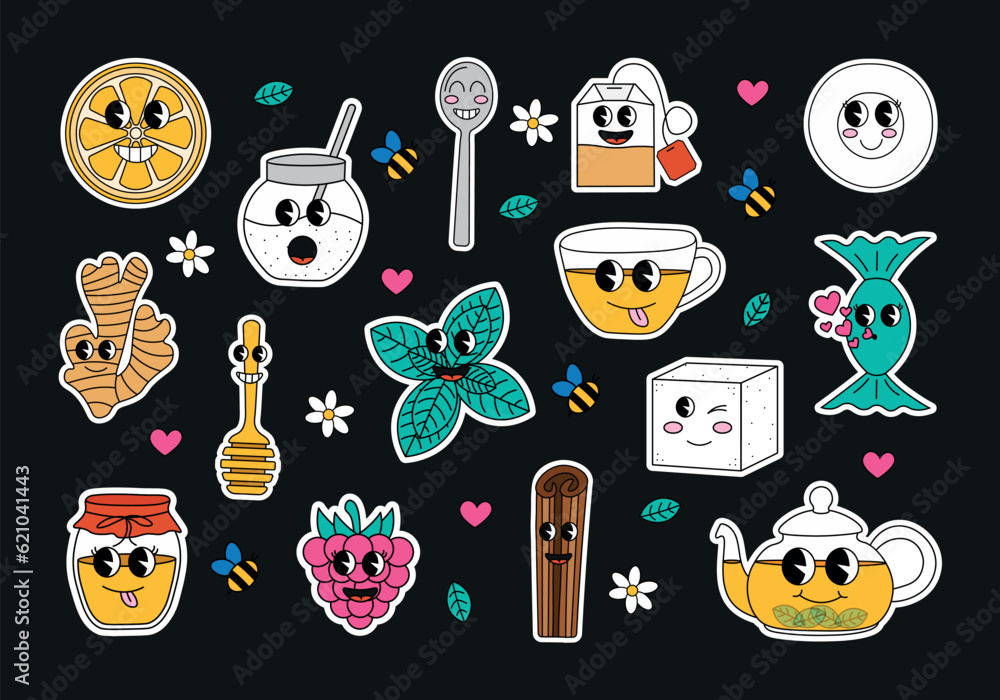 Tea set of 70s retro stickers with comic cartoon characters. Vector ...