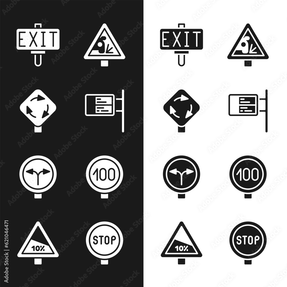 Set ublic transport board, Roundabout traffic sign, Fire exit, Warning ...