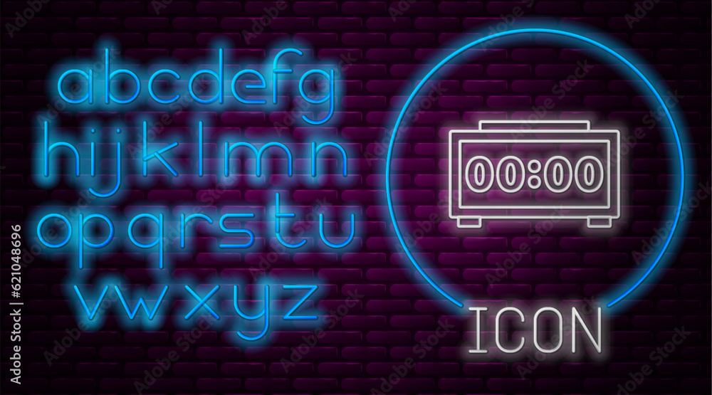 Glowing neon line Digital alarm clock icon isolated on brick wall ...