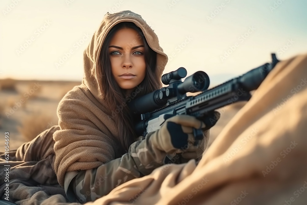 Sniper girl holding her rifle. Created with Generative Ai technology ...