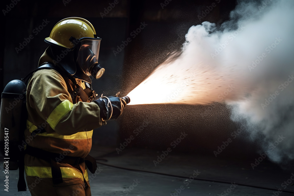 Firefighter training, fireman using extinguisher to fighting in an ...