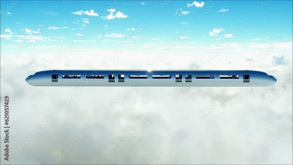 Flying passenger train in clouds. 3d peoples and robots. Utopia ...