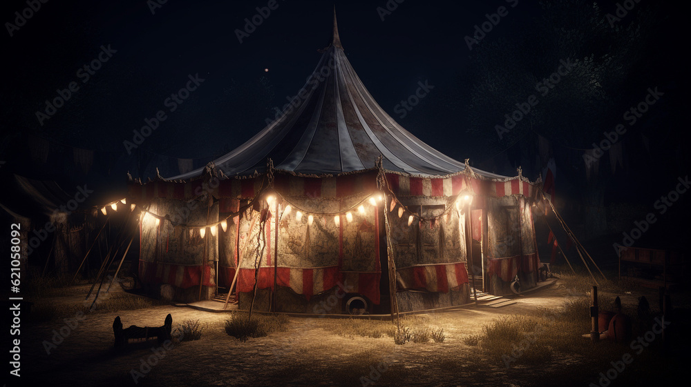 Eerie haunted circus tent at night time. Marquee in the woods. Created ...