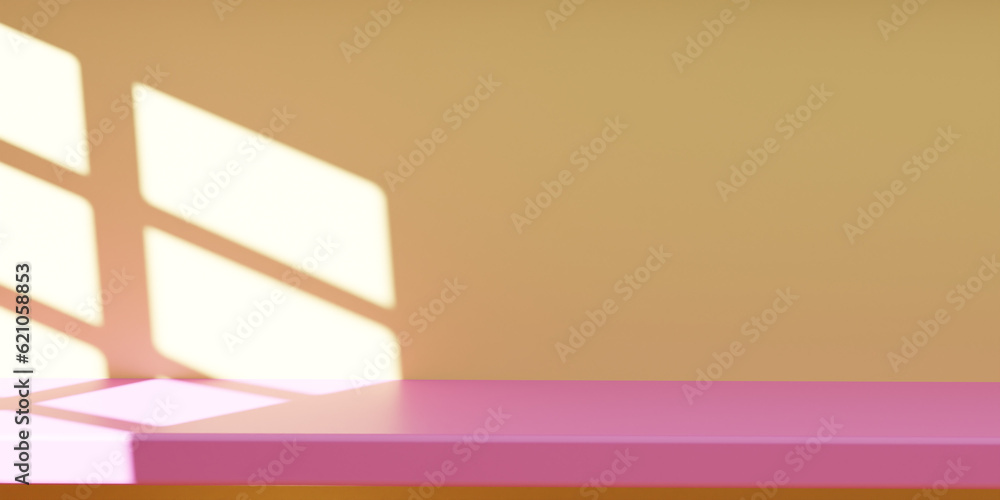 Front view of pink shelf on yellow wall background modern minimal ...