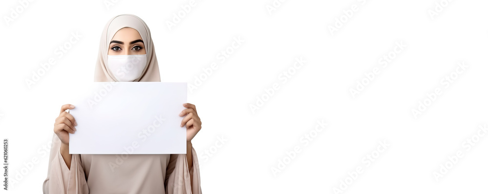 Pretty young muslim woman cheerful holding blank empty banner, placard ...