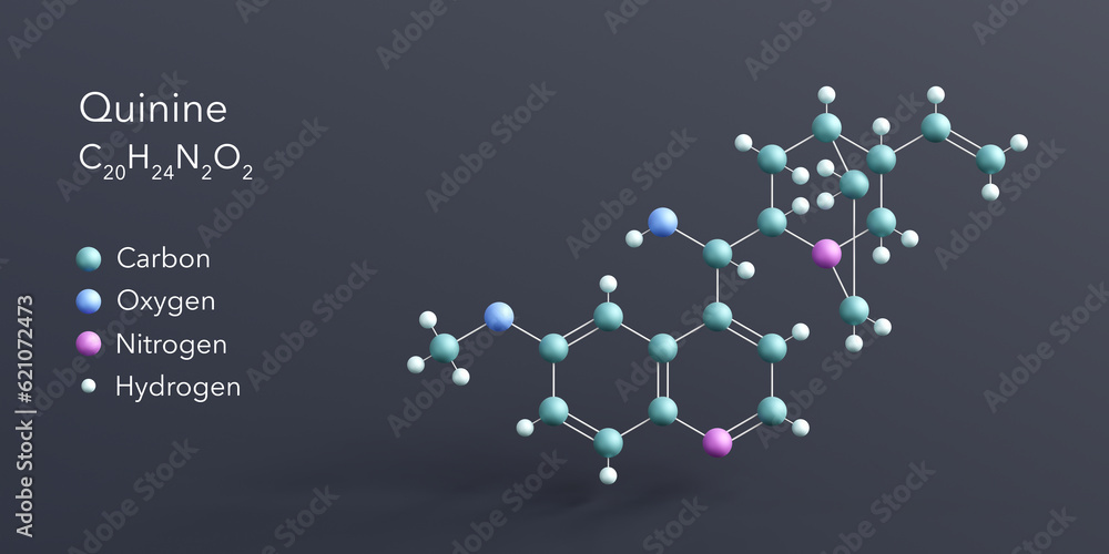 quinine molecule 3d rendering, flat molecular structure with chemical ...