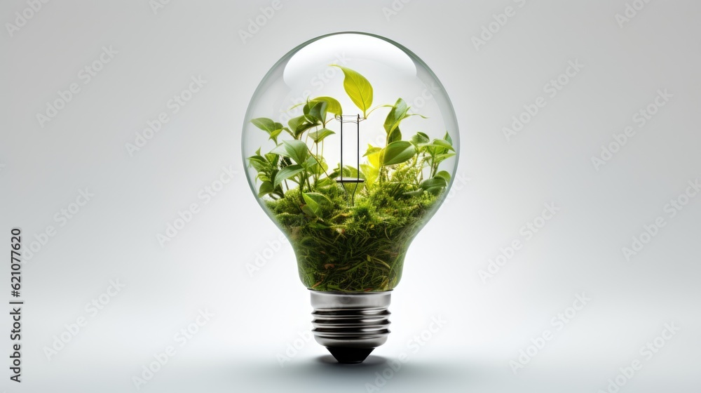 Light bulb filled with green leaves and plants. Concept of renewable ...