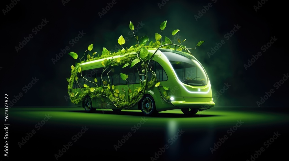 Modern electric bus with green leaves and plants. Bus ecology, eco ...