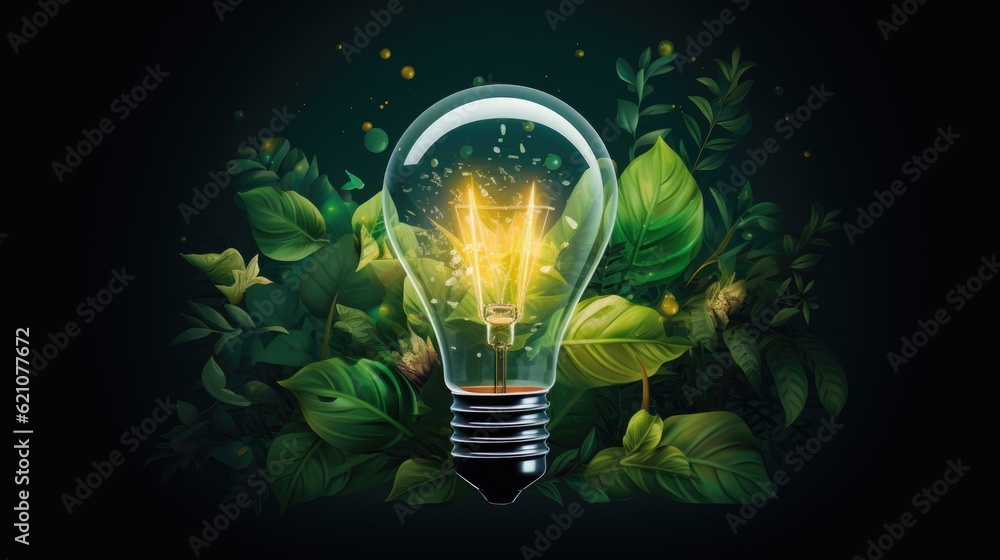 Light bulb filled with green leaves and plants. Concept of renewable ...