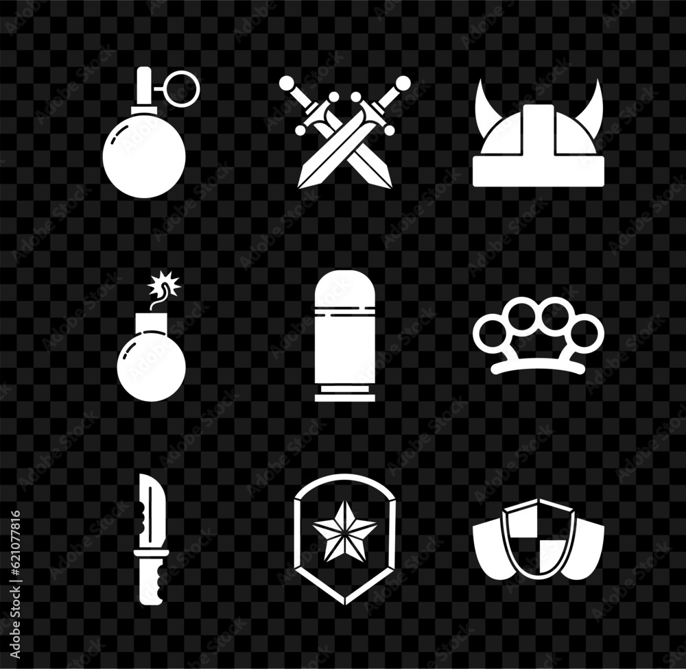 Set Hand grenade, Crossed medieval sword, Viking in horned helmet ...