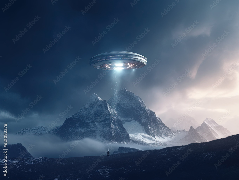 UFO leaving the atmosphere over mountain landscape created with ...