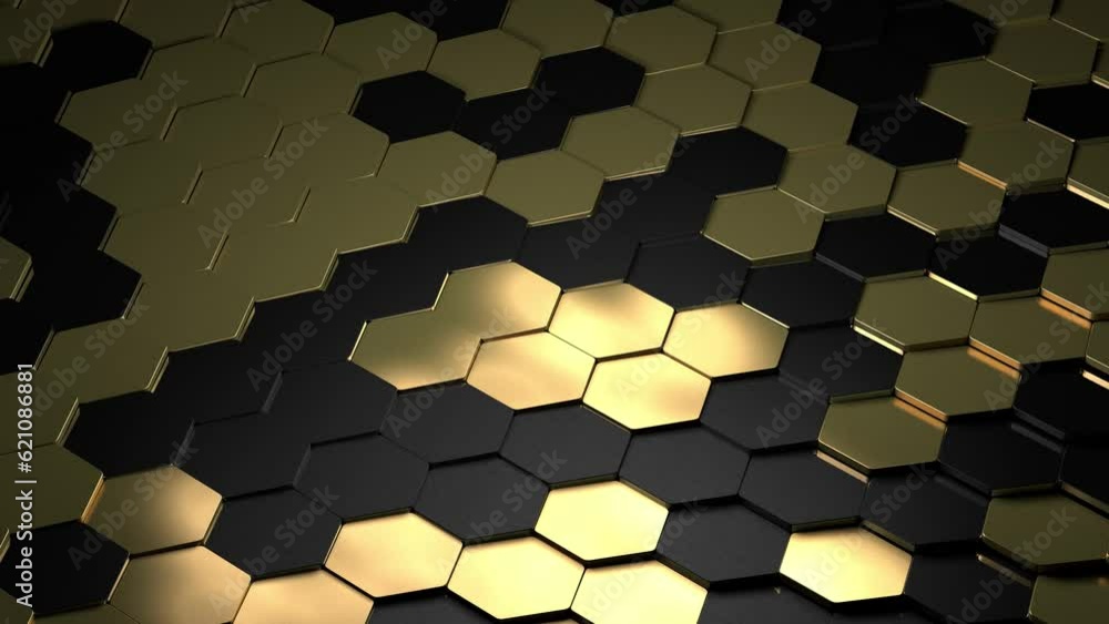 Golden hexagon cell tiling, luxury metal wave pattern. Gold metal scales honeycomb, hexagonal ...