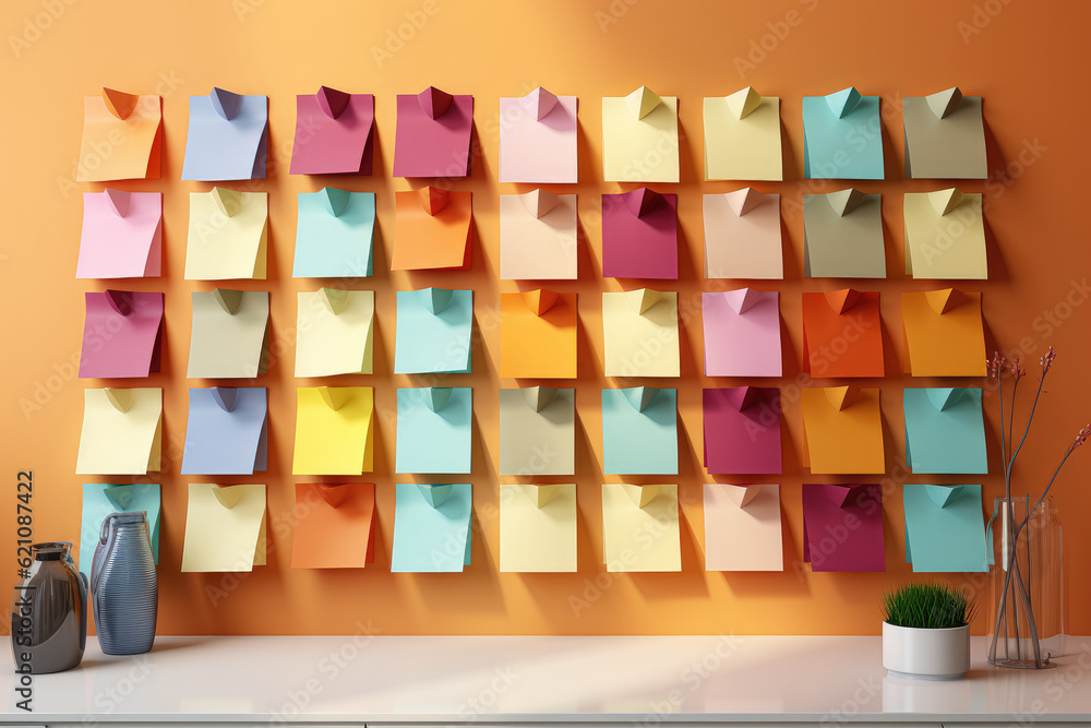 Colored sticky notes and a marker are artfully arranged on a pastel ...