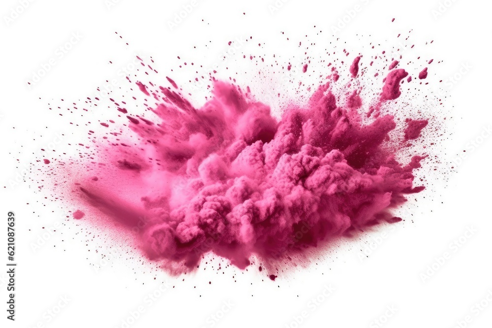 Isolated pink powder explosion on a white backdrop. pink dust specks ...