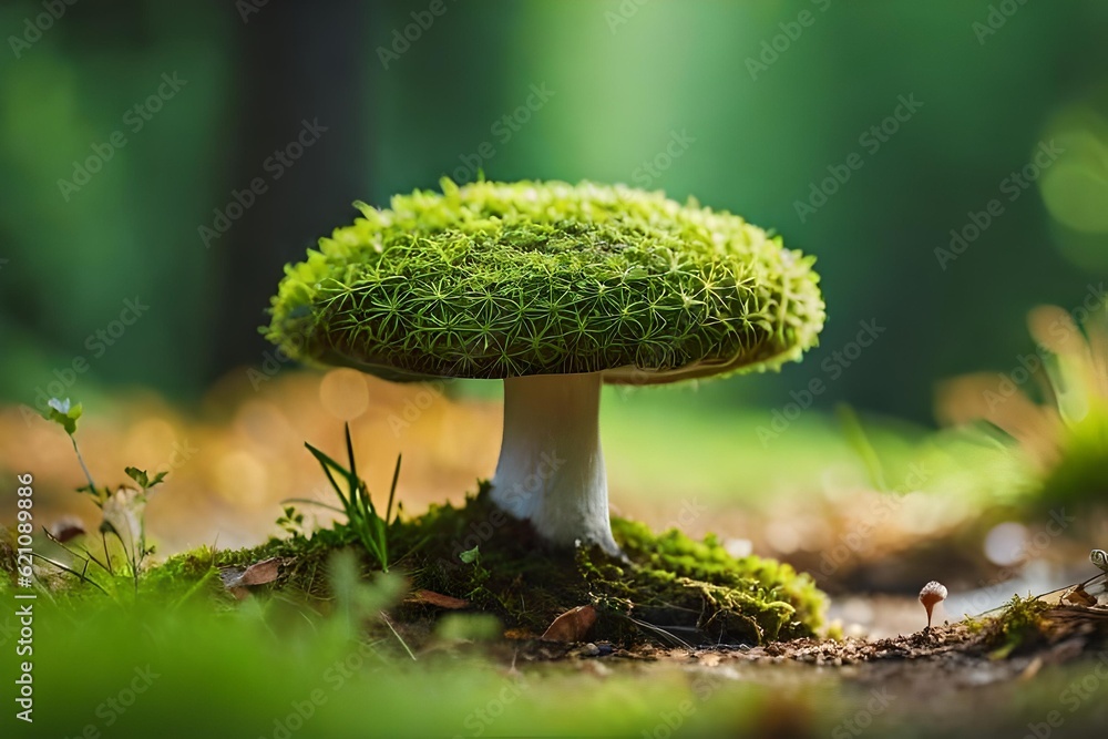 high definition macro photograph of green forest moss with a mushroom ...