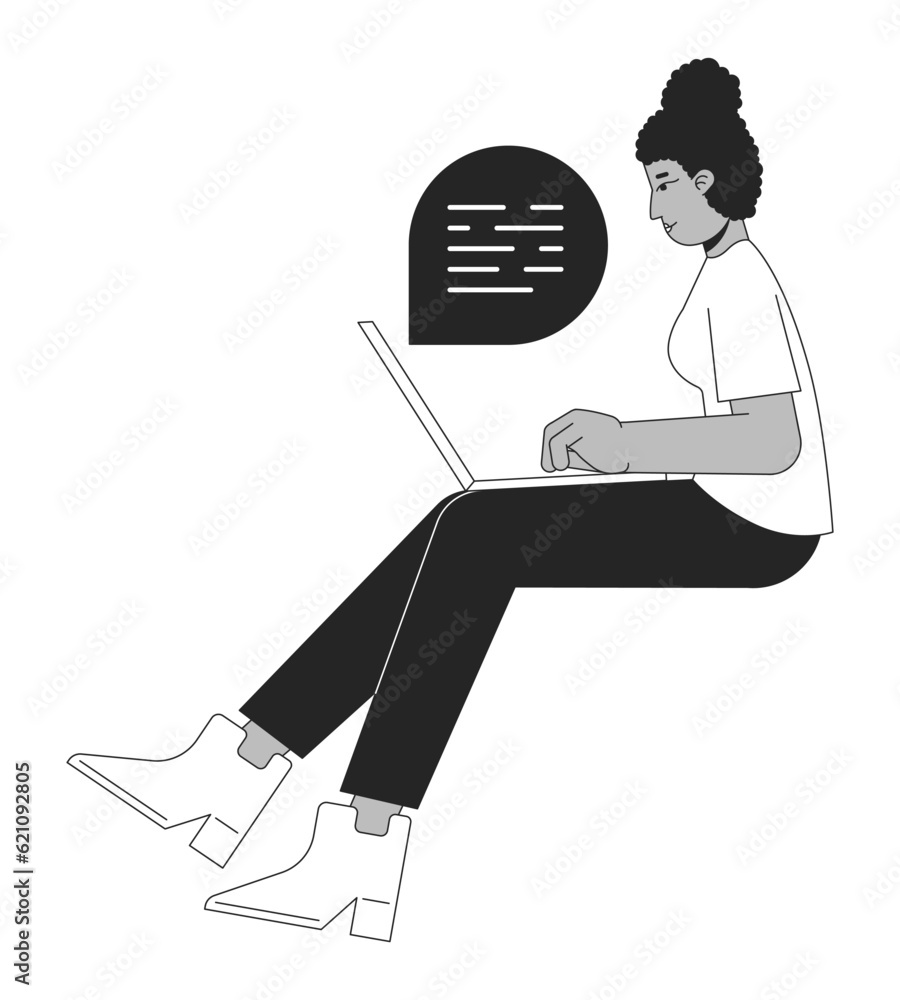 African american girl typing on computer flat line black white vector ...