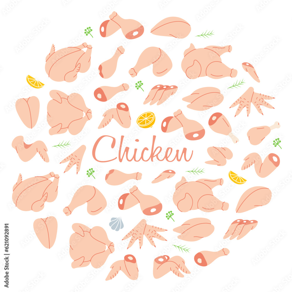 Chicken meats in circle design. Butcher shop banner. Whole chicken ...