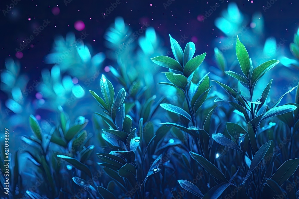 Nebula plant background is illuminated by stars in a dark blue milky ...