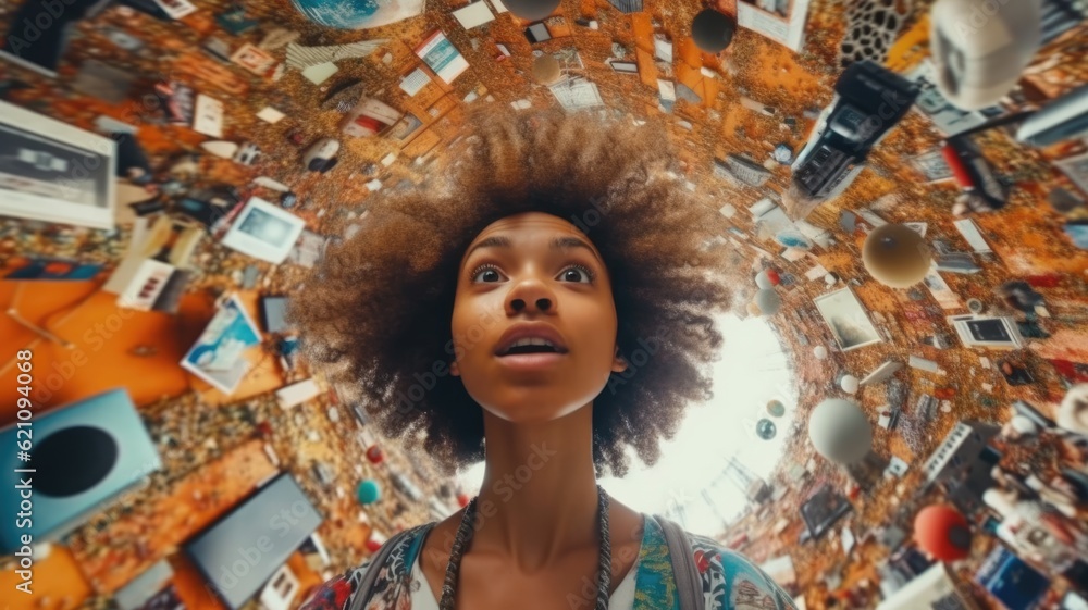 Overwhelming information data explode out of head of young human brain ...