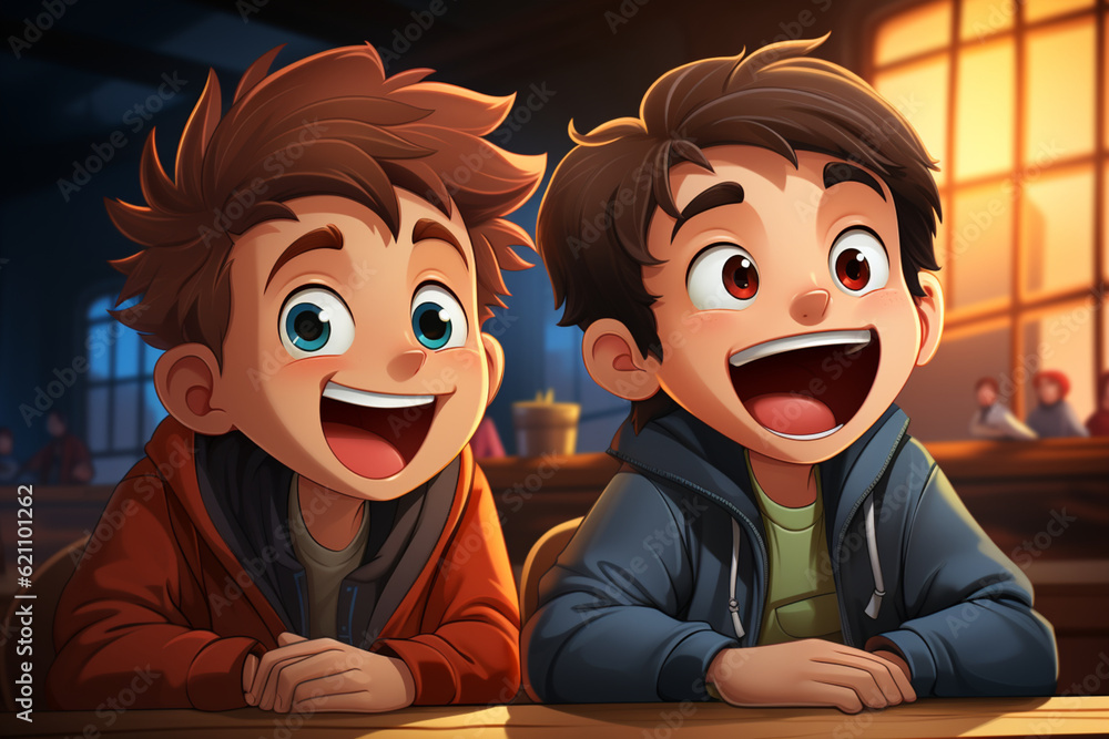 cartoon illustration of Two friends laugh in a comic book-style pop art ...